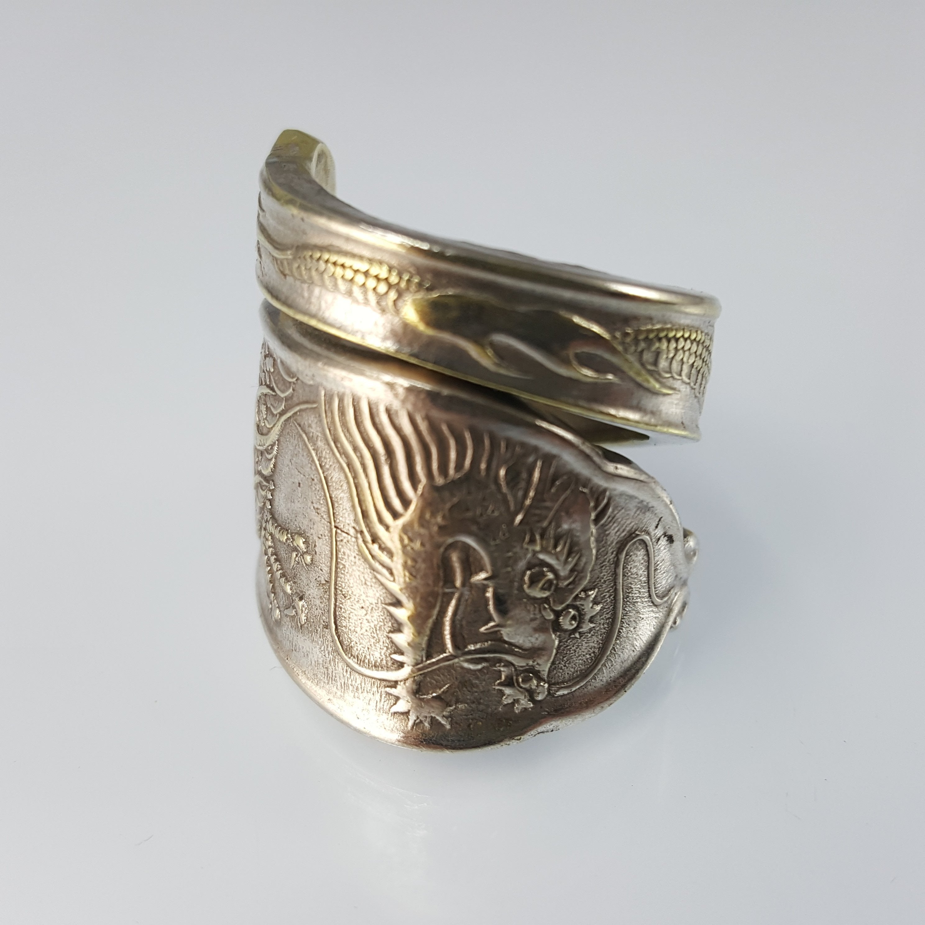 Spoon Ring, Dragon Spiral Spoon Ring, Silver & Brass – Lost & Forged
