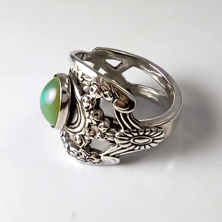 Lattice Nouveau Sterling Silver Spoon Ring with Opal Gemstone